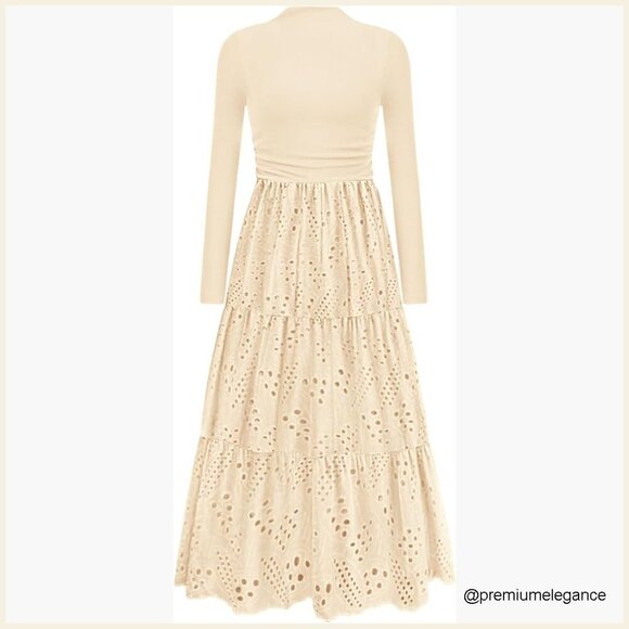 Dresses | Long Sleeve Maxi Dress Mock Neck Eyelet Embroidery Aline Boho ...